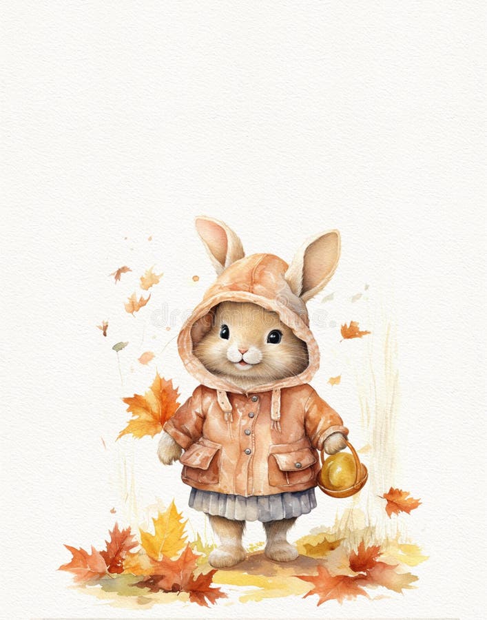 Watercolor Drawing of a Rabbit in Autumn, Thanksgiving Day Card, Autumn ...
