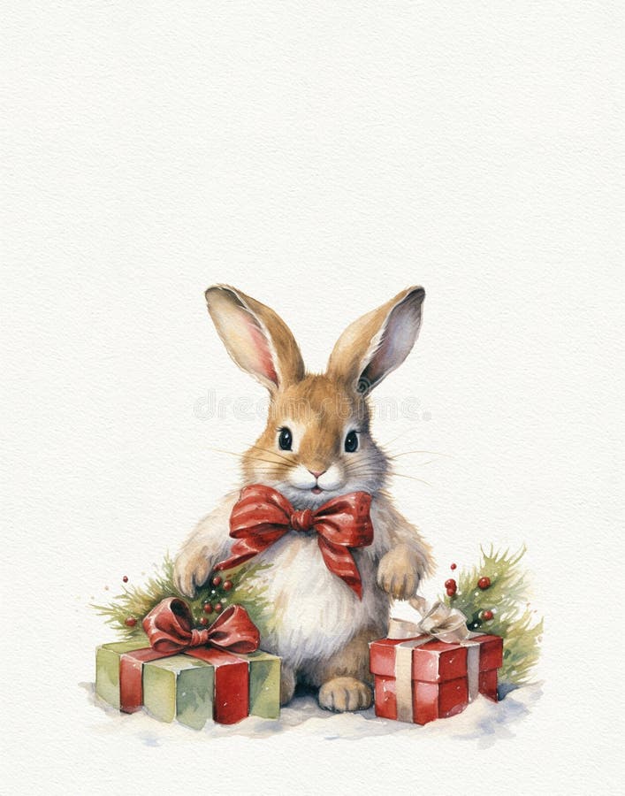 Watercolor Drawing of a Bunny on Winter Holidays, Christmas Bunny Stock ...