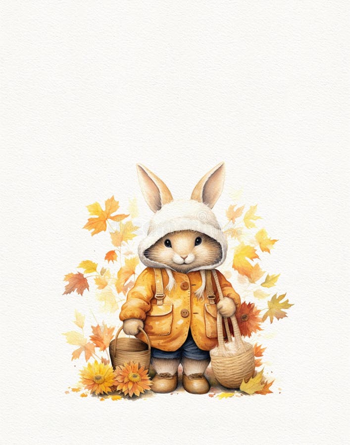 Watercolor Drawing of a Rabbit in Autumn, Thanksgiving Day Card, Autumn ...
