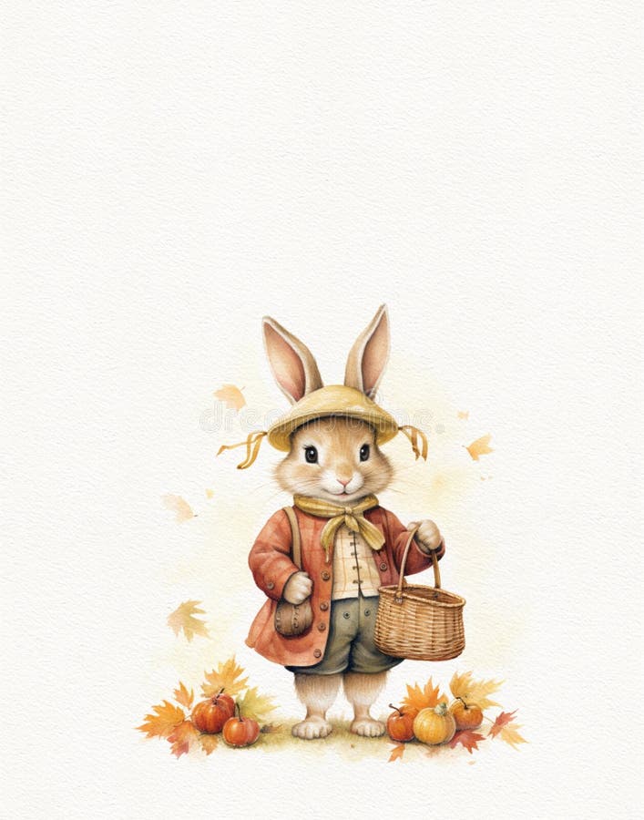 Watercolor Drawing of a Rabbit in Autumn, Thanksgiving Day Card, Autumn ...