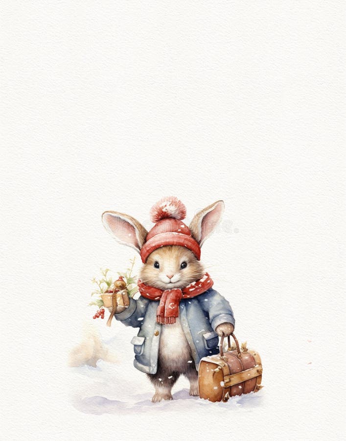 Watercolor Drawing of a Bunny on Winter Holidays, Christmas Bunny Stock ...