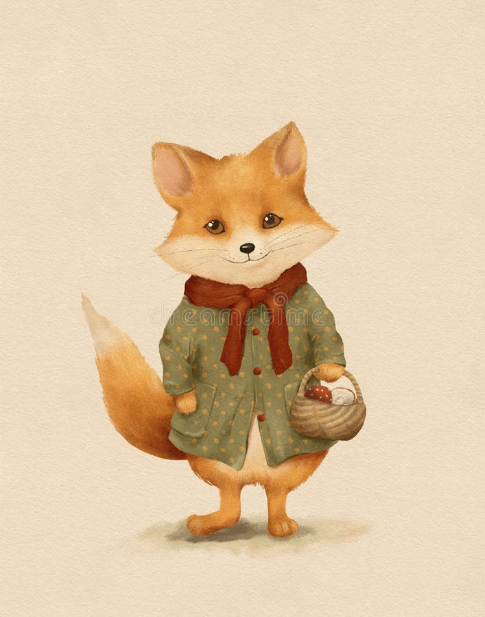 Drawing of a Cute Red Fox in Autumn Clothes, Postcard for Children ...