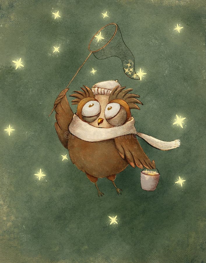 Drawing of a Cute Owl that Catches the Stars at Night Stock ...
