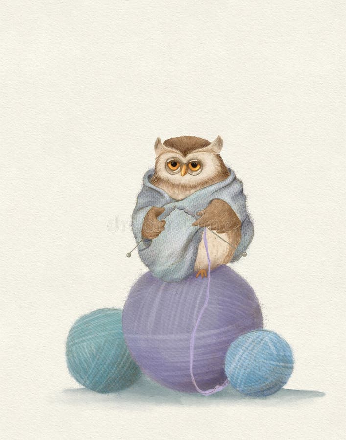 Cartoon Character Funny Owl Knitting, Illustration for Children Stock ...