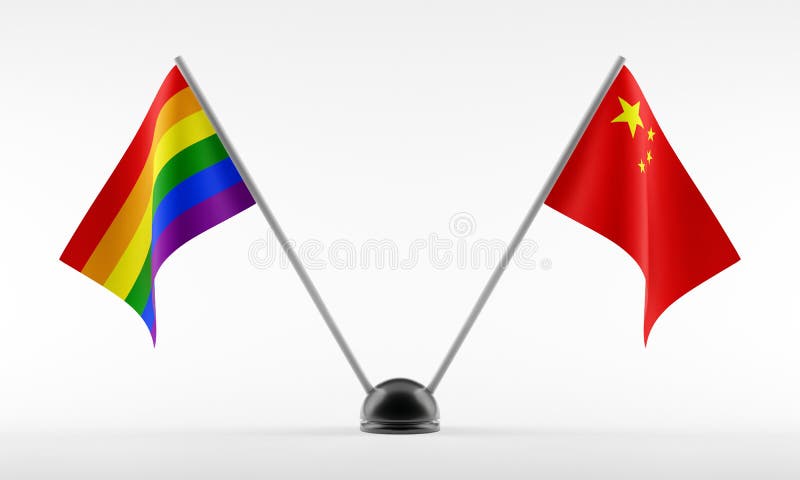 LGBT and China Flags on Decorative Stand. Isolated on a White ...