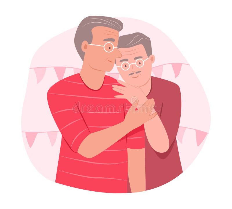 Senior Gay Men Couple Falling in Love for LGBT Concept Illustration ...