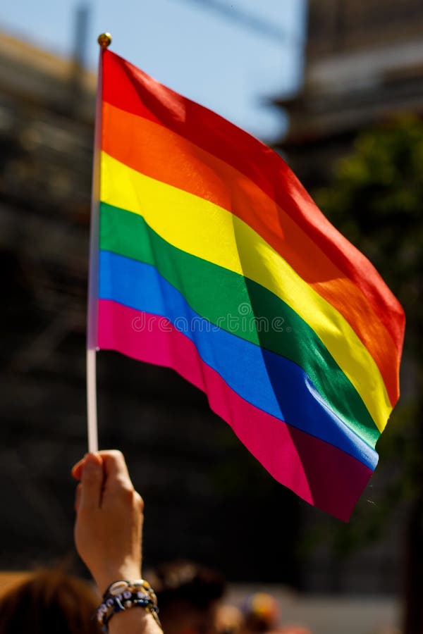 Lgbt Pride Rainbow Flag during Parade in the City . Stock Image - Image ...