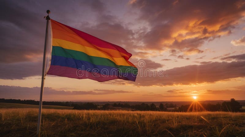 LGBT Rainbow Flag in a Field at Sunset Stock Illustration ...