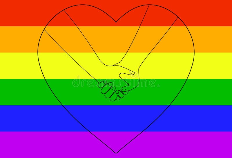 Lgbt Rainbow Flag With Heart And Holding Hands Outline The Concept Of