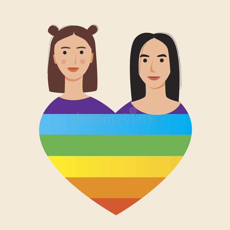 Lesbian Couple Isolated Heart Head Valentine Flat Vector Stock