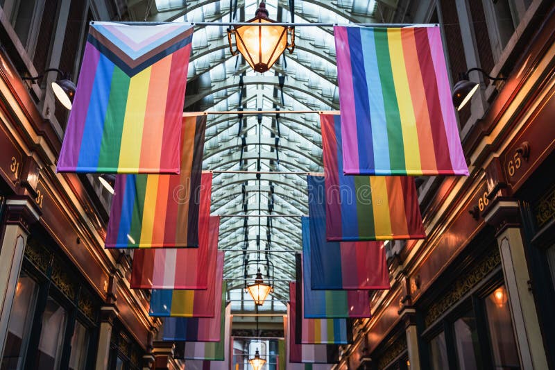 Lgbtq Pride Rainbow Flags In Two Rows In City Editorial Image Image