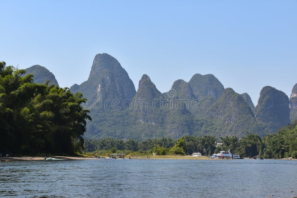 The Li River with a Backdrop of Karst Mountains in Xingping, China ...