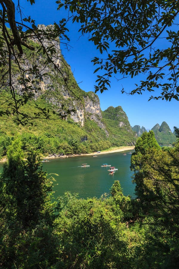 Li River with Limestone Rocks on the Sides Stock Image - Image of boats ...