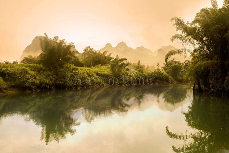 Li River Scenery in Misty Morning Stock Image - Image of travel ...
