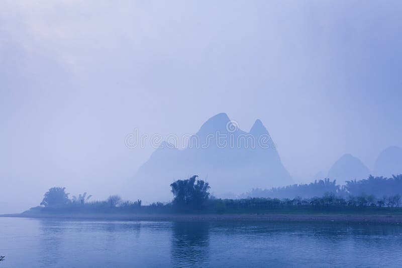 Li River Scenery Sight with Fog Stock Image - Image of rock, river ...