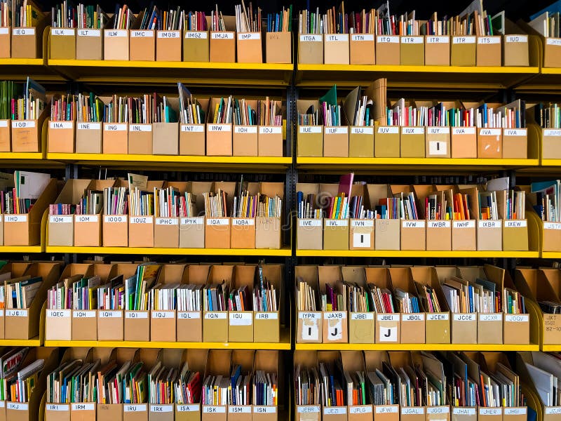 Libary Rack with Many Small Books Sorted in Small Folder Stock Image ...