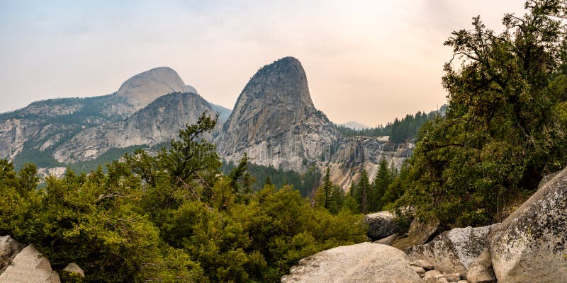 Liberty Cap and Half Dome Panorama on Smoky Day Stock Image - Image of ...