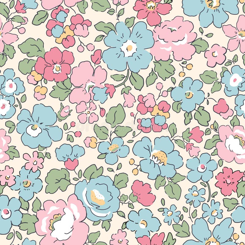 Liberty Vector Seamless Pattern. Millefleurs Elegant Hand Drawn Floral ...