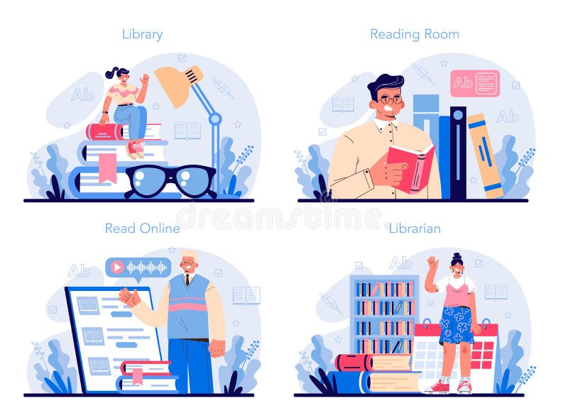 Librarian Concept Set. Library Staff Cataloguing and Sorting Books ...