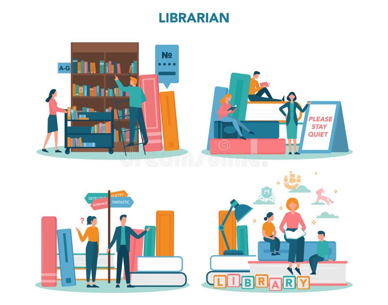 Librarian Concept Set. Library Staff Holding and Sorting Book Stock ...
