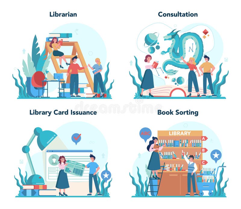 Librarian Concept Set. Library Staff Holding and Sorting Book Stock ...