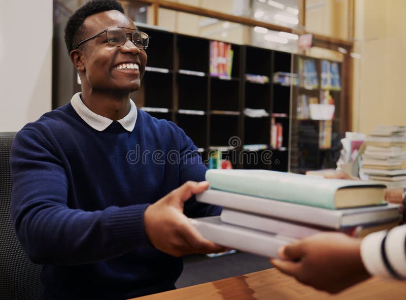 Librarian Man, Reception Desk and Books with Smile, Learning or Hands ...