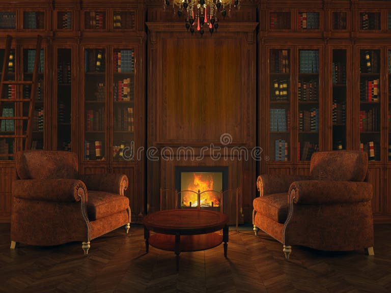 Libraries Around the Fireplace Stock Illustration - Illustration of ...