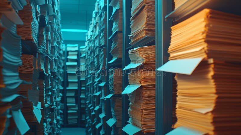 A Library Aisle with Bookshelves in the Background and a Stack of Files ...