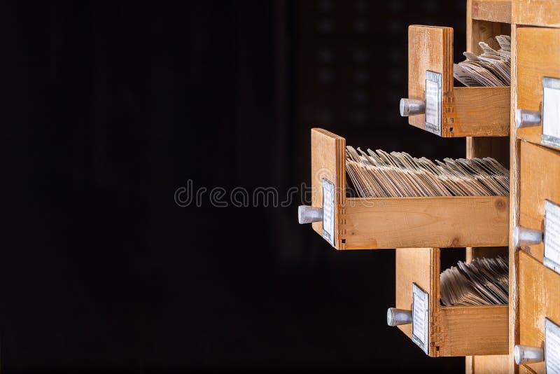 Old Library Reference Catalogue with Opened Card Drawer Stock Photo ...