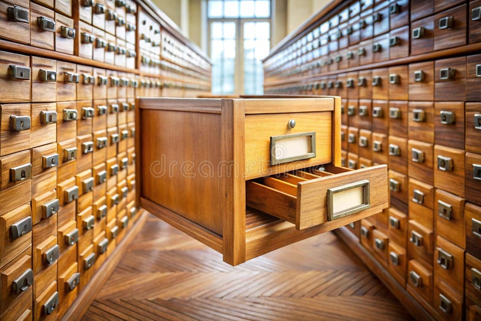Library or Archive Reference Card Catalog with Opened Drawer Stock ...