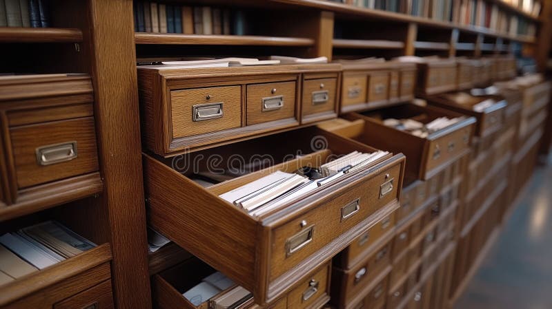 Library Archives Drawers Open, Research, Bookshelves Stock Illustration ...