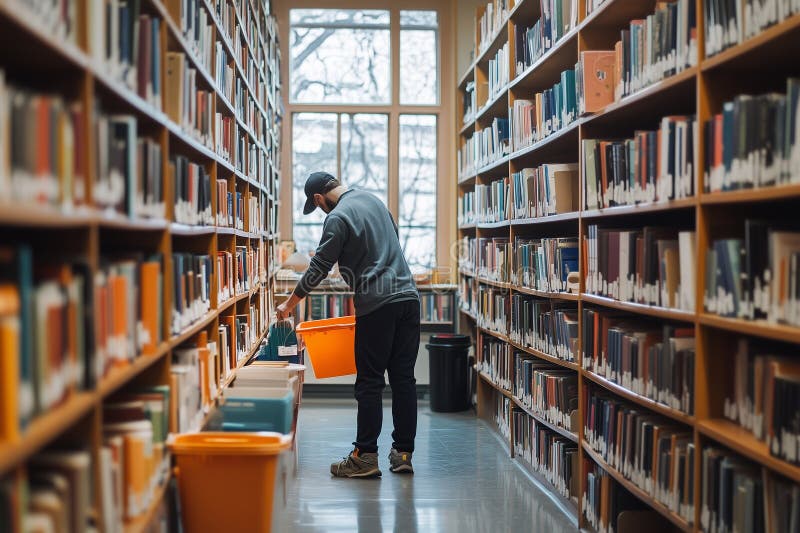 Library Assistant Organizing Bookshelves while Using an Orange Bin in a ...