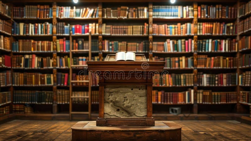 A Library with a Book on a Podium Stock Illustration - Illustration of ...