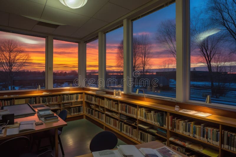 Library, with Books and Study Desks, during Sunset Stock Illustration ...