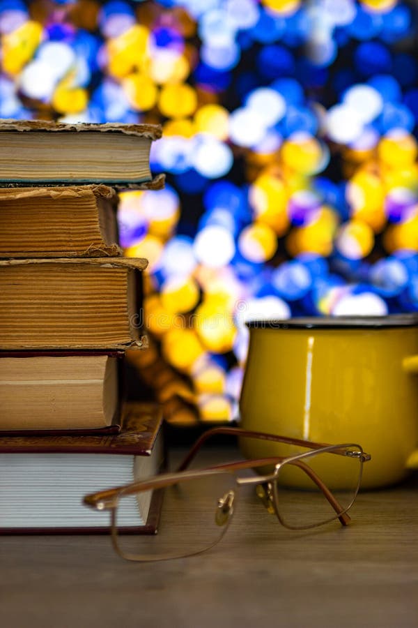 Library of Books, Time To Read with a Cup of Coffee. Multicolored Bokeh ...