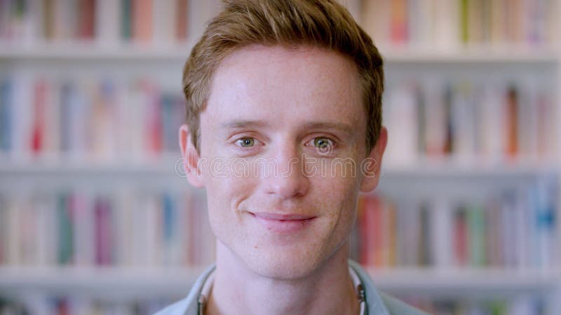 Library, Bookshelf and Face of Man with Smile for Success in Higher ...