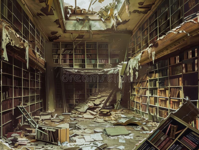 A Library with Bookshelves that are in Disarray Stock Image - Image of ...