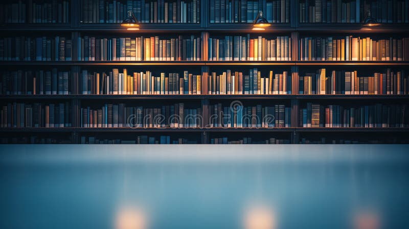 Library Bookshelves Illuminated by Spotlights with Empty Table in the ...