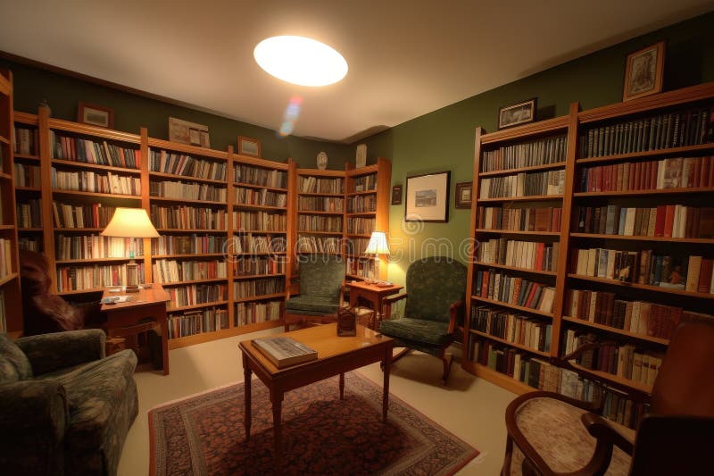 Library, with Bookshelves and Reading Lamps, in Warm and Welcoming ...