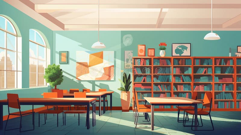 Library with Bookshelves and Tables Illustration AI Generated Stock ...