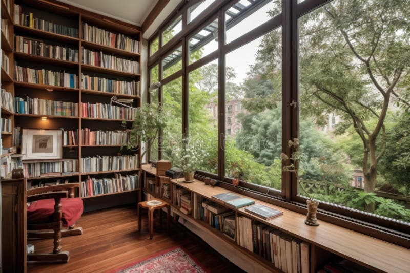 Library with Bookshelves and Windows Overlooking Garden, Providing a ...