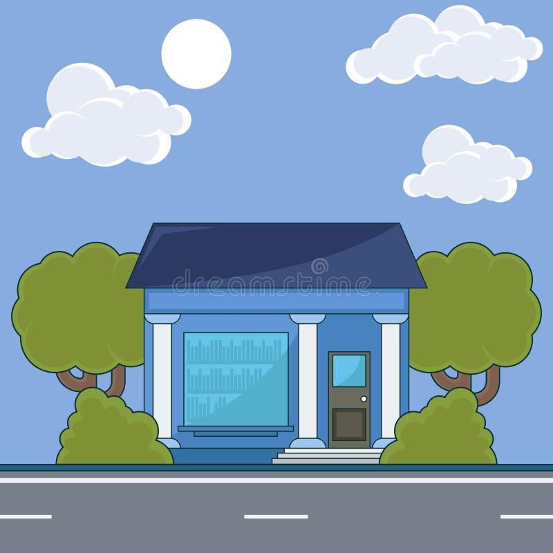 Library Building Landscaped Vector Illustration Graphic Design . Blue ...