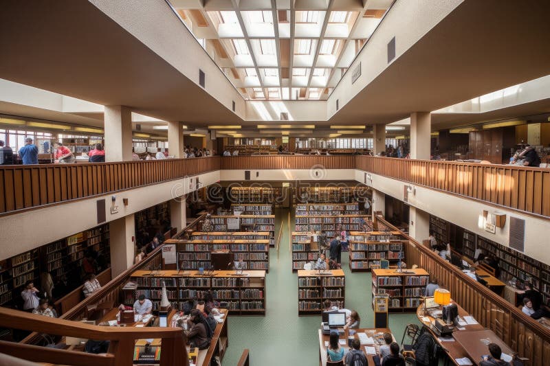 Library, with Busy Students and Staff Members Bustling about the ...