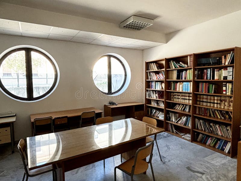 Library with central desk stock image. Image of modern - 322359593