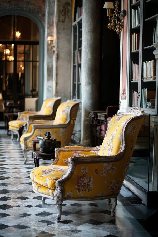 Library Chairs with Floral Fabric Placed beside the Bookshelves. Stock ...