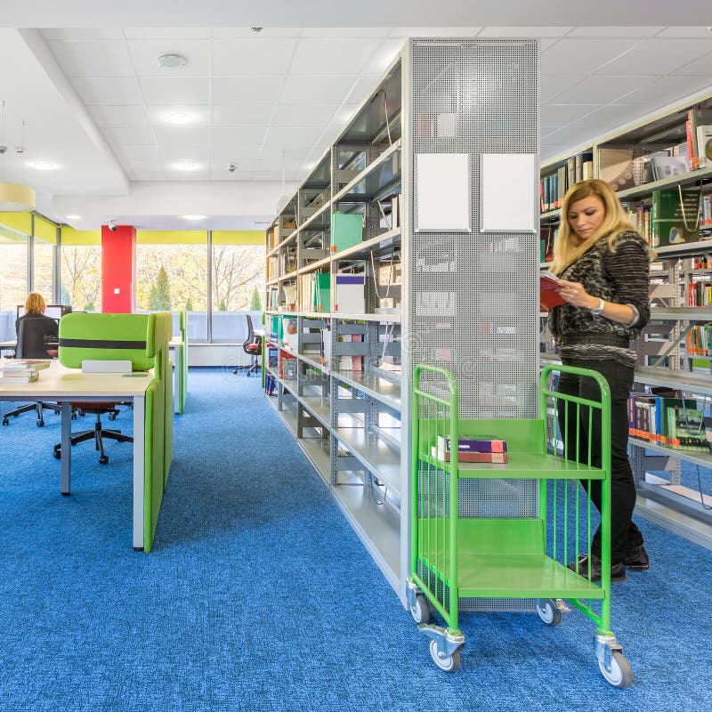 Colorful Library with Computer Workstation Stock Image - Image of ...