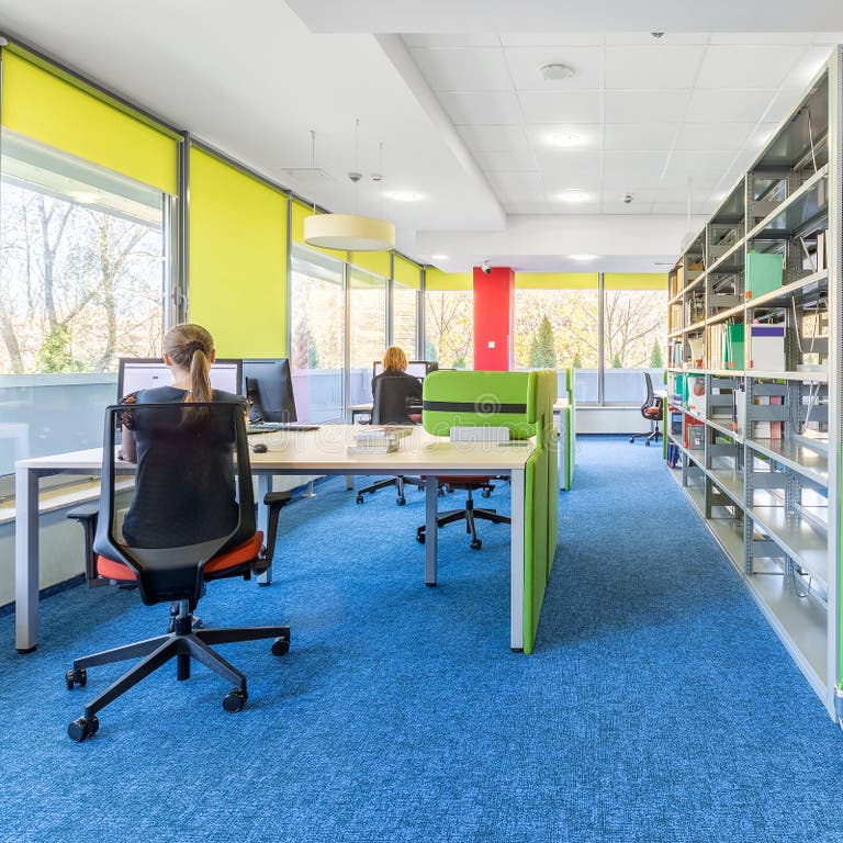 Colorful Library with Computer Workstation Stock Image - Image of ...