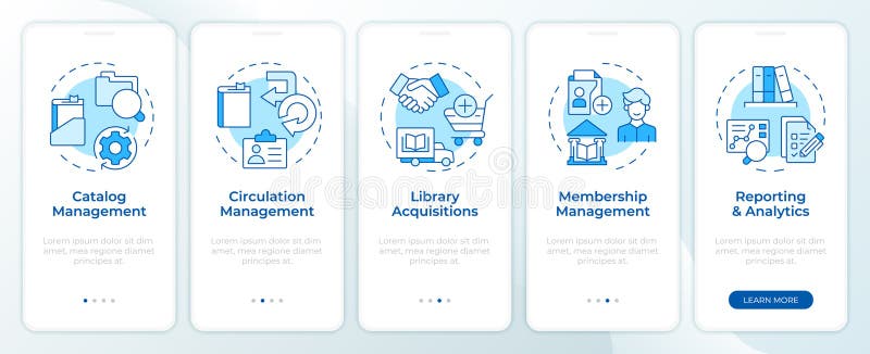 Library Customer Service Blue Onboarding Mobile App Screen Stock Vector ...