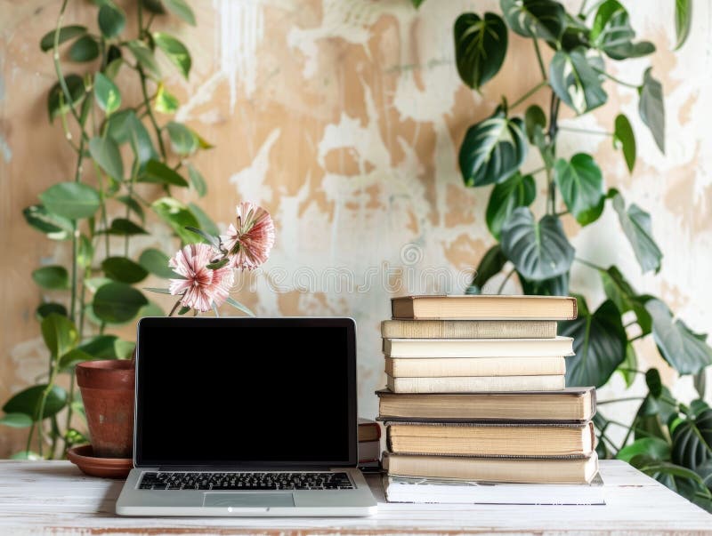 Library Desk with Books and Laptop Representing Education Technology ...