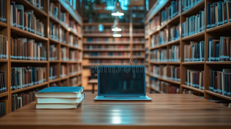 Library Desk with Books and Laptop Representing Education Technology ...